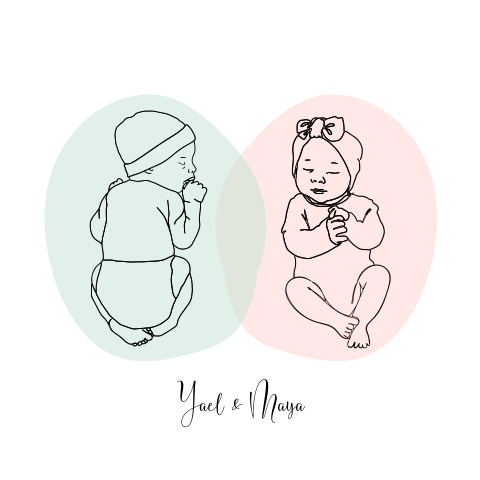 Geboortekaartje voor een tweeling met jongens en meisjes lijntekening